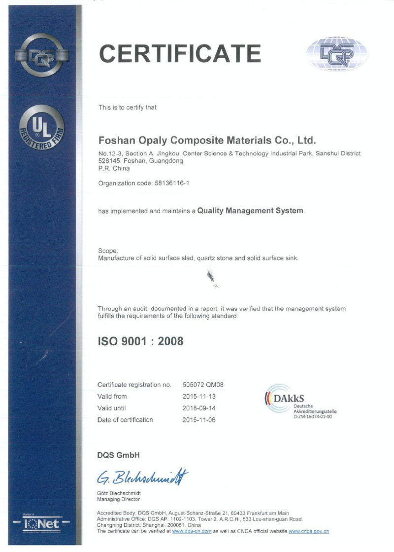 Certificates - Opaly® Quartz Stone & Solid Surface